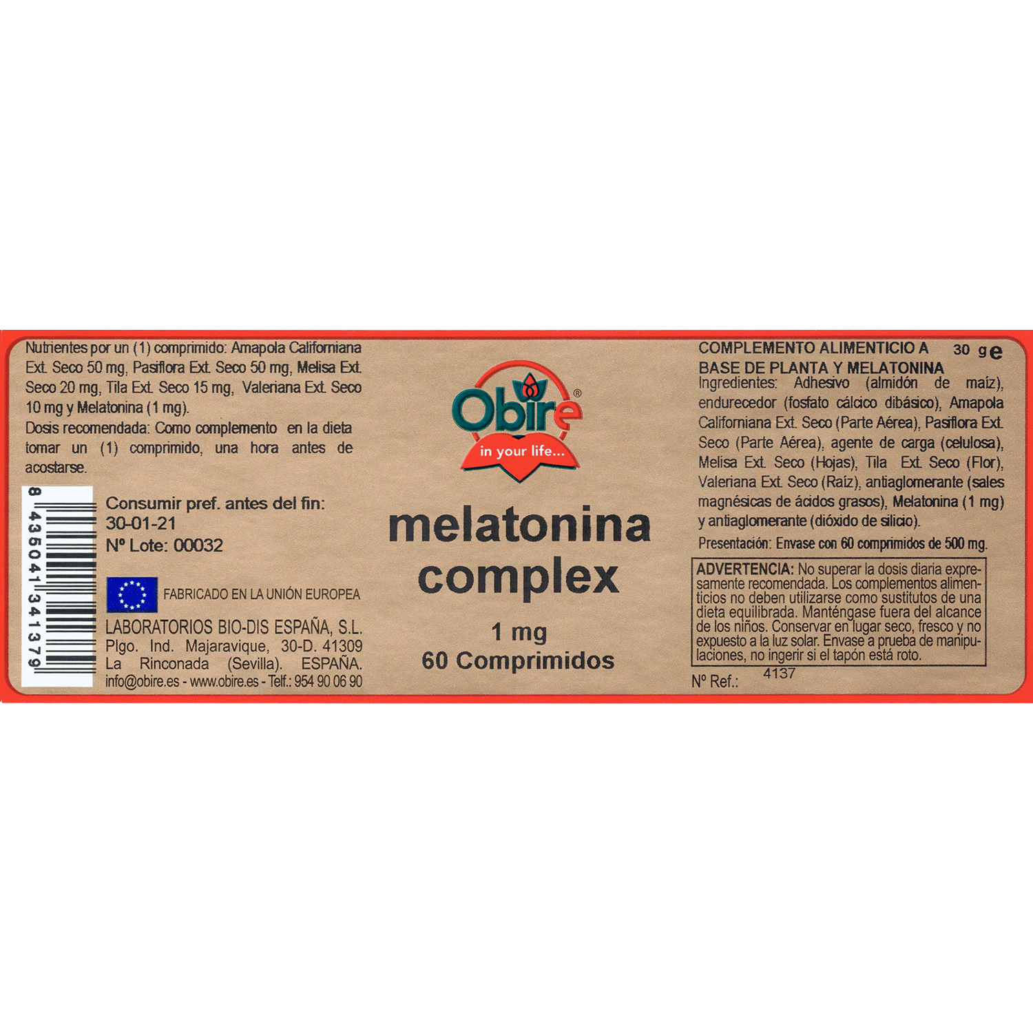 Melatonina 1 mg. (complex) 60 comprimidos – Laboratorios Bio•Dis Pharma